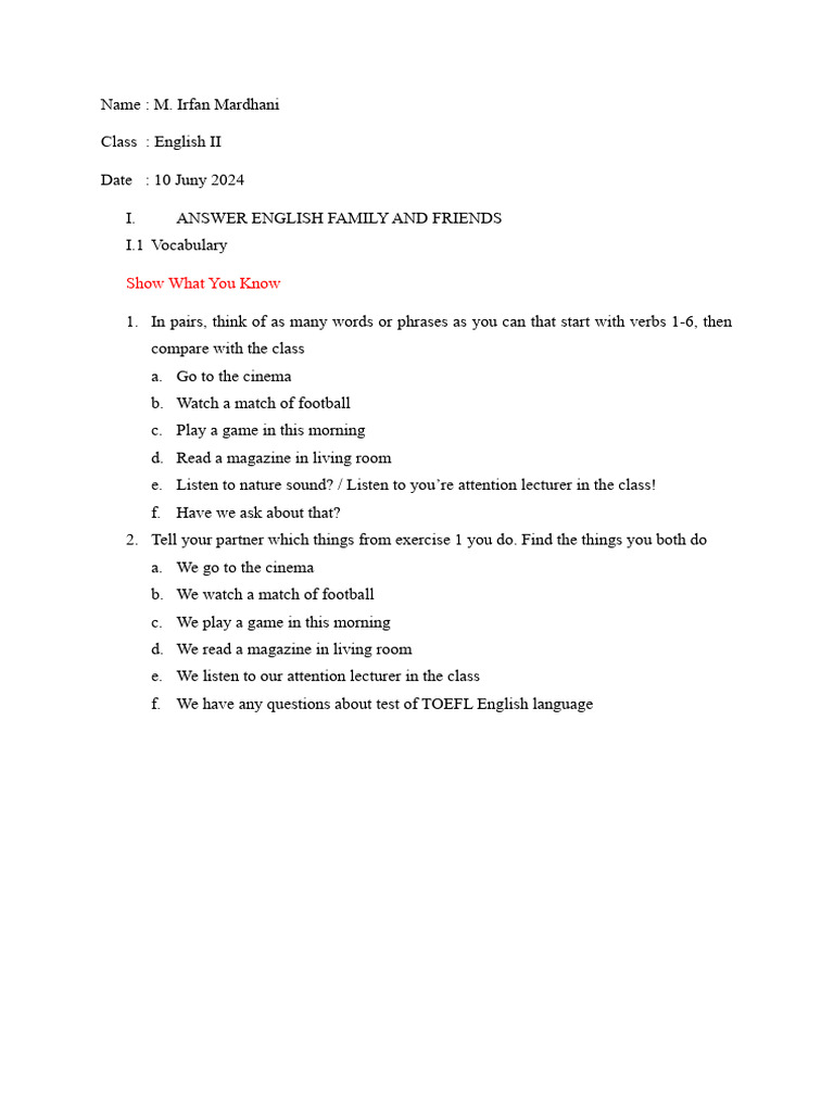 Task Weekdays Day 1 - M. Irfan Mardhani | PDF | English Language | Grammar