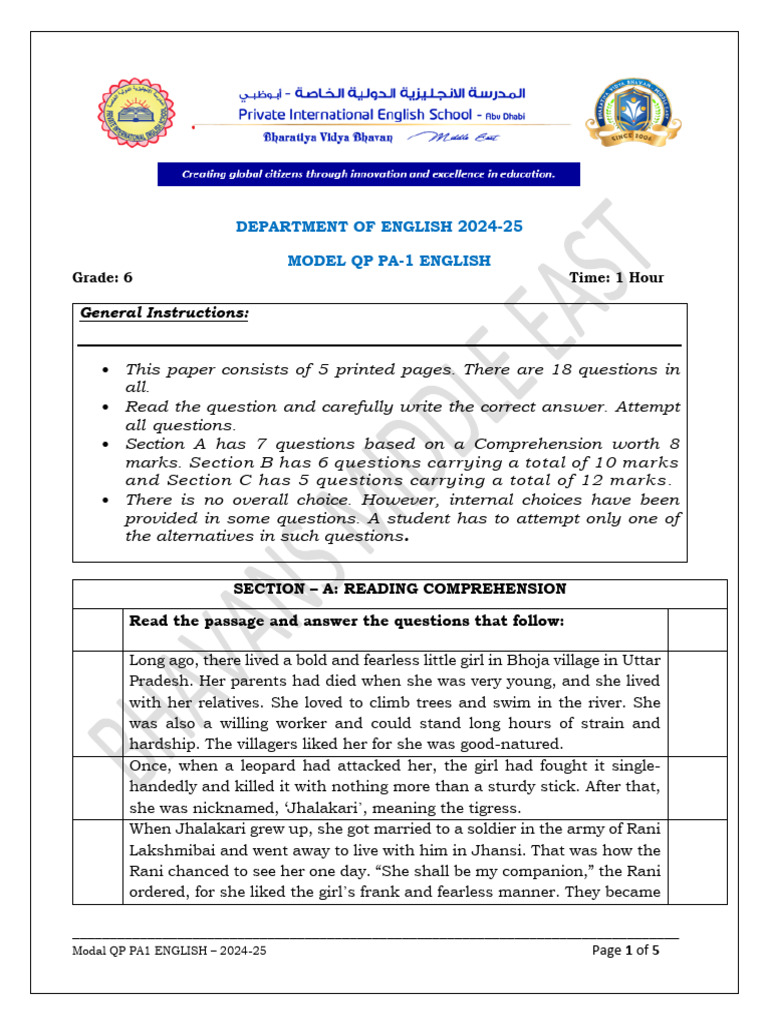PA1 ENG G6 MODEL QP | Download Free PDF | Sentence (Linguistics) | Poetry