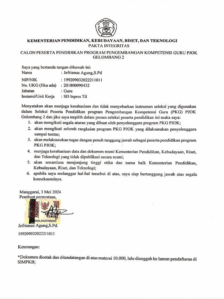 Pakta Integritas PKG Pjok Jefrianus Agung | PDF