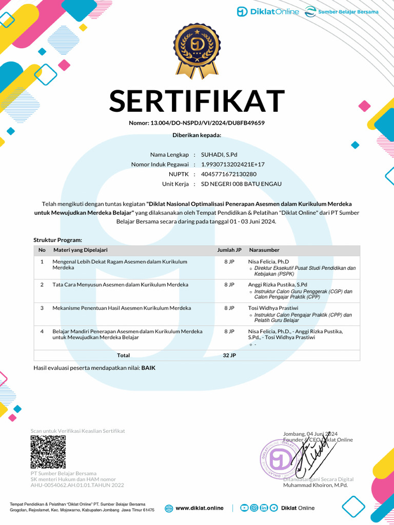 Sertifikat Diklat 32 JP Merdeka Belajar | PDF