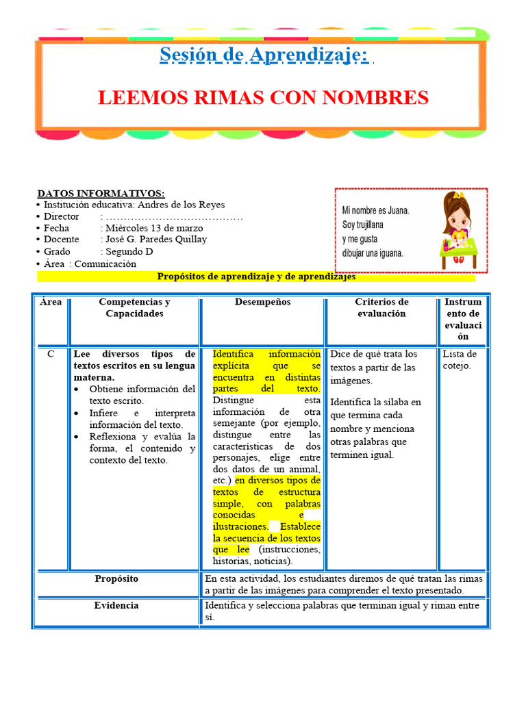 2° SESIÓN DÍA 3 COM LEEMOS RIMAS CON NOMBRES | PDF | Aprendizaje