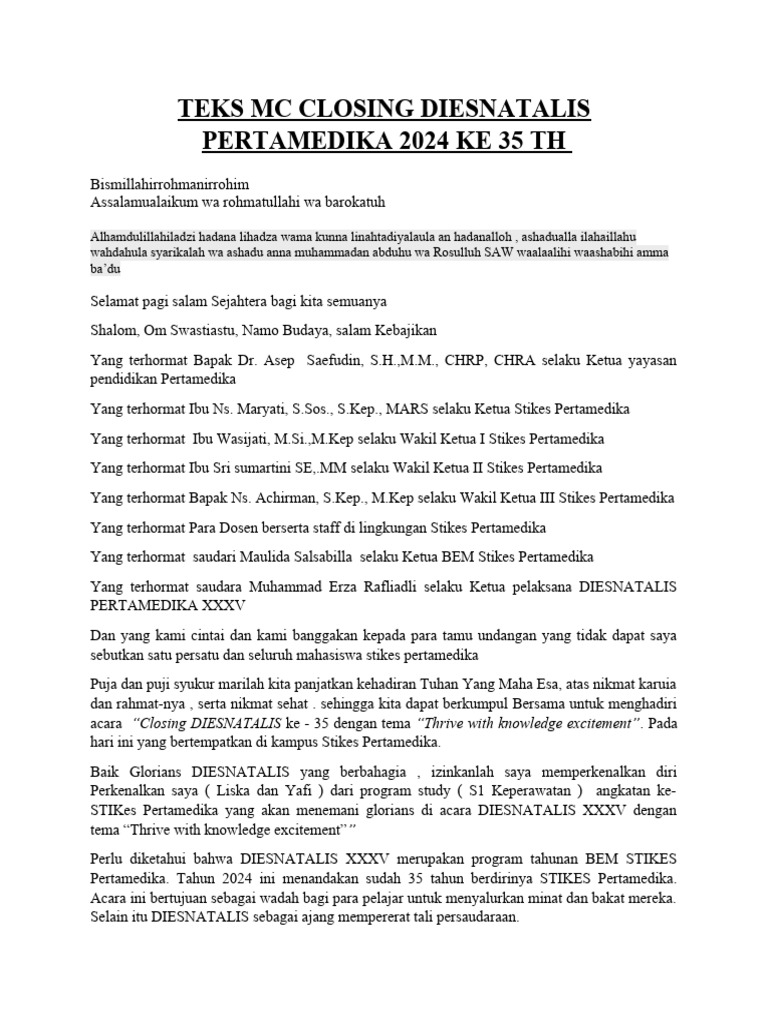 TEKS MC Closing DIENSPARTA 2024 Ke 35TH | PDF