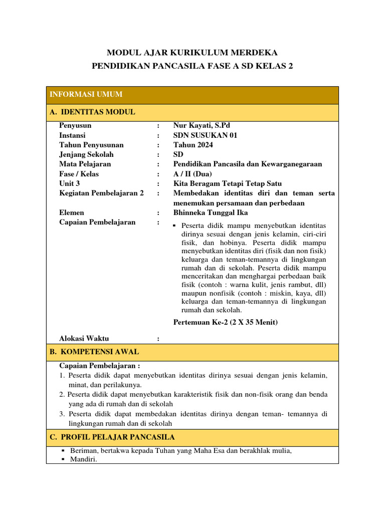 Modul Ajar PMM PPKN Kelas 2 Tanggal 29 Feb | PDF