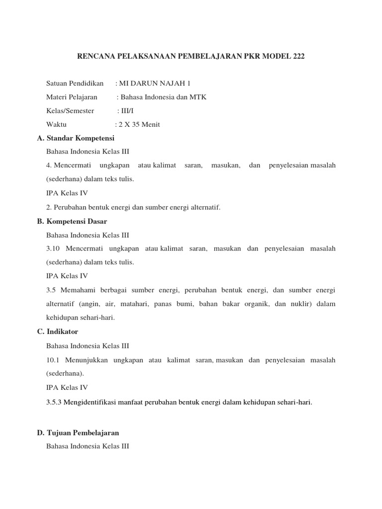 RENCANA PELAKSANAAN PEMBELAJARAN PKR 222 - Achmad Fauzi | PDF | Seni & Disiplin Bahasa | Sains ...