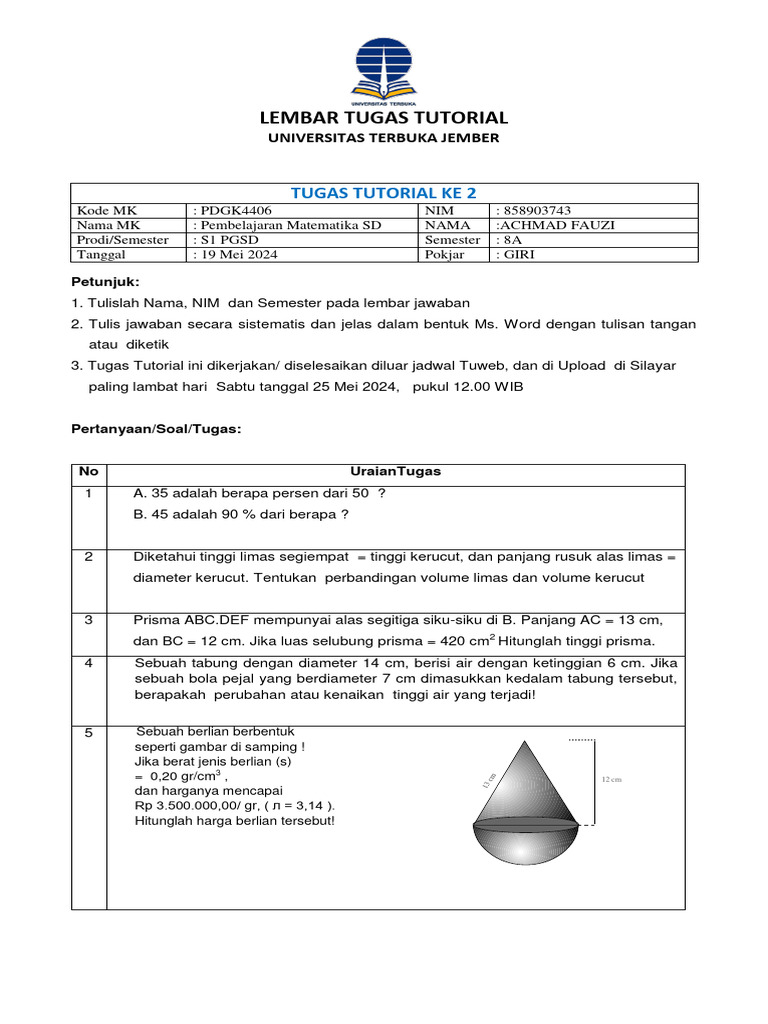Tugas Tutorial Ke 2 - Pembl Mat SD - Achmad Fauzi | PDF