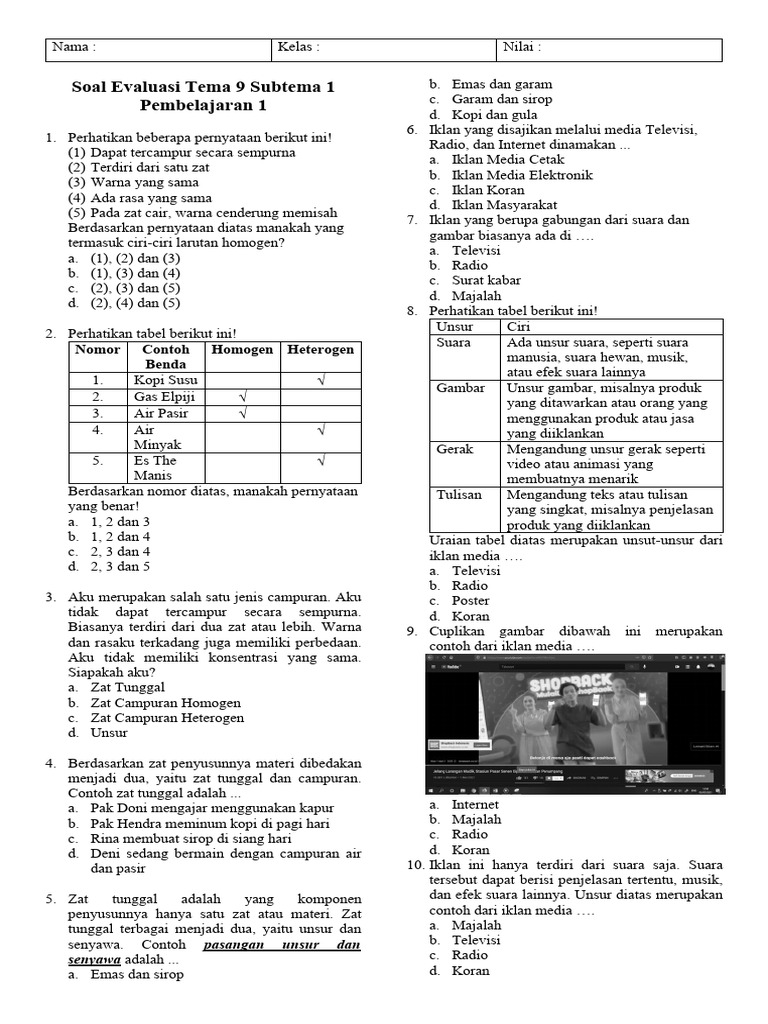 Soal Evaluasi Tema 9 Subtema 1 Pembelajaran 1 | PDF