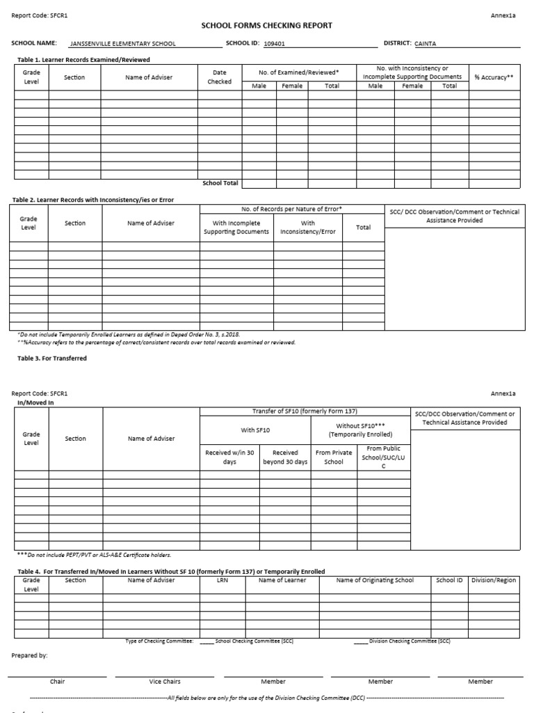 School Forms Checking Report SFCR1 | PDF