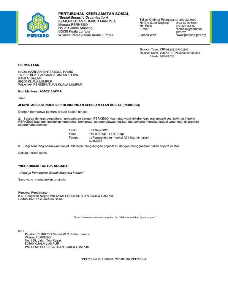 Letter of Induction Eis Perkeso | PDF