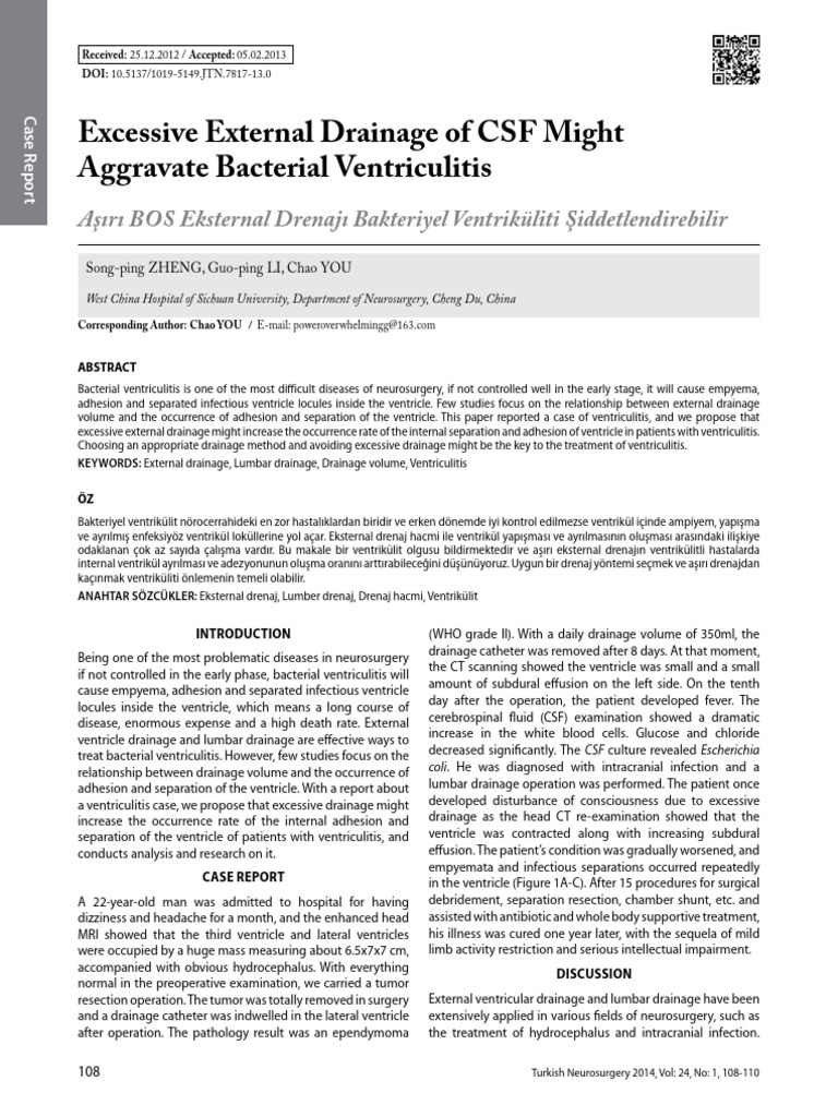 Drenagem Externa Excessiva de LCR Pode Agravar Ventriculite Bacteriana ...