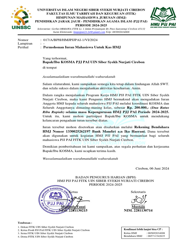 SURAT PERMOHONAN IURAN KAS HMJ UIN SSC | PDF