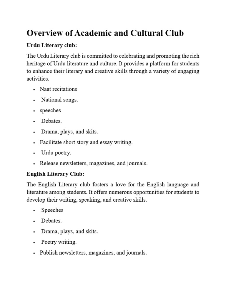 Overview of School Literary and Cultural Clubs | PDF | Science ...