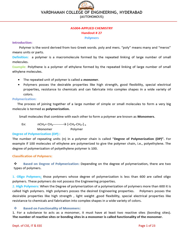 Applied Chemistry: Polymers Guide | PDF | Polymers | Polyethylene