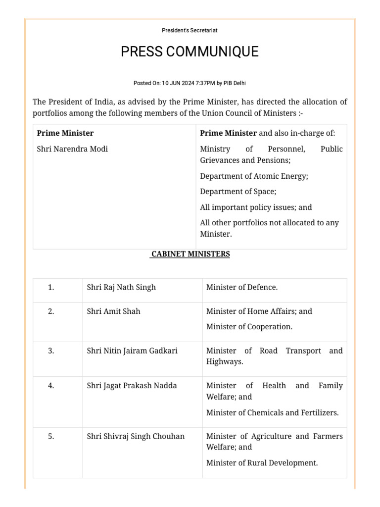 Complete Ministry List | Download Free PDF | Government Of India