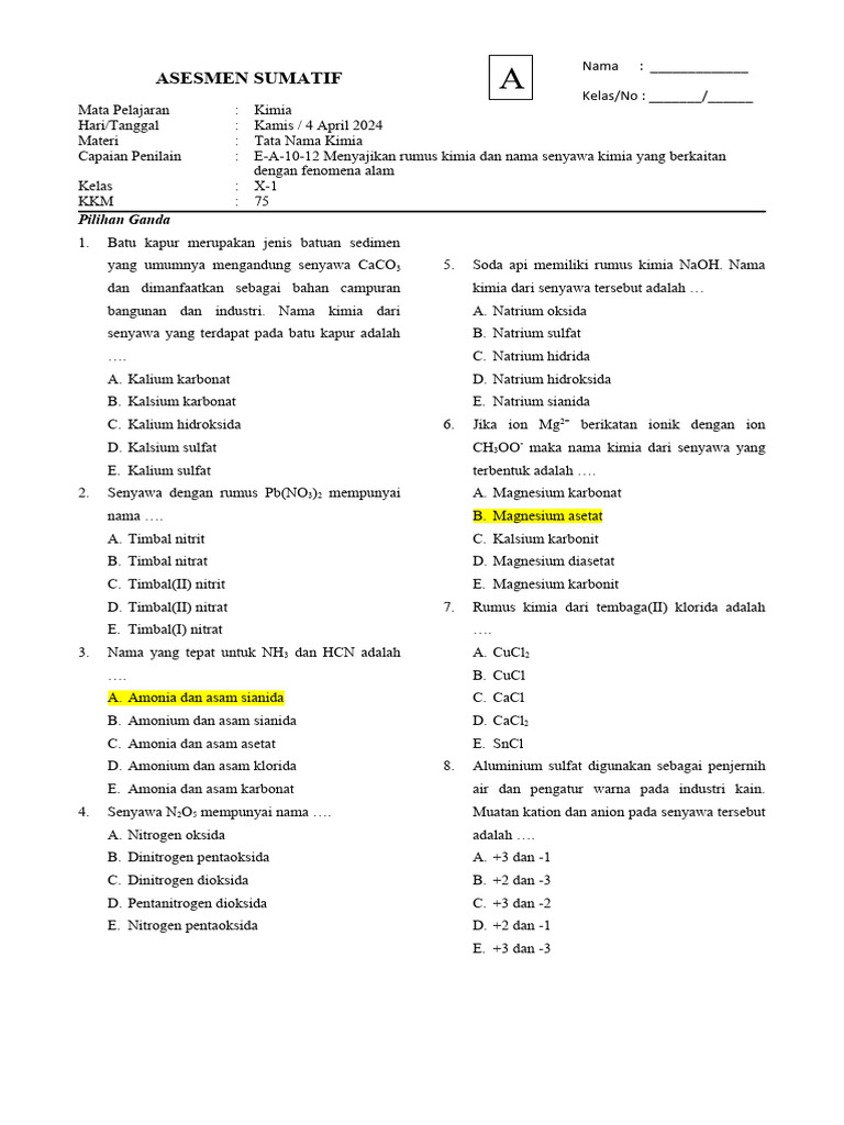 Asesmen Sumatif - Tata Nama Kimia - X-1 | PDF