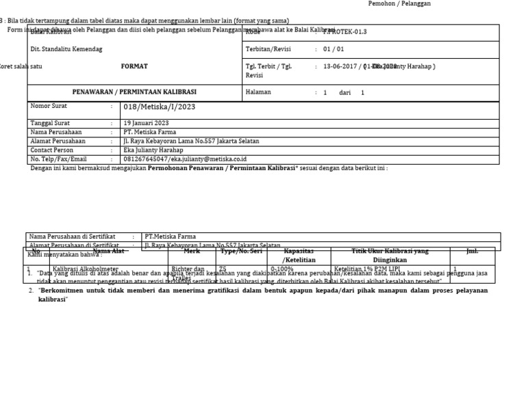 Balai Kalibrasi Form Alkoholmeter | PDF