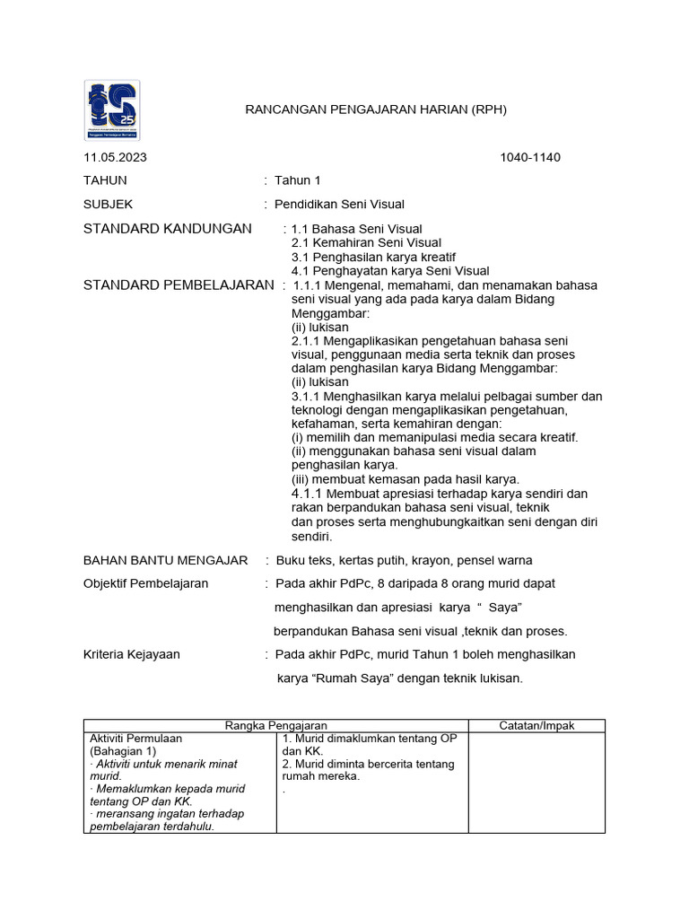 Rancangan Pengajaran Harian TS25 PSV 1 | PDF | Karier & Perkembangan | Seni