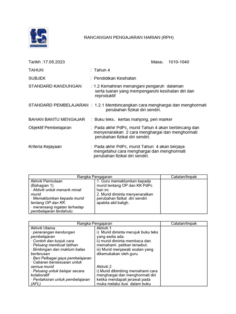 RANCANGAN PENGAJARAN HARIAN TS25 PJPK Tahun 4 | PDF | Sains & Matematika | Pengembangan Diri