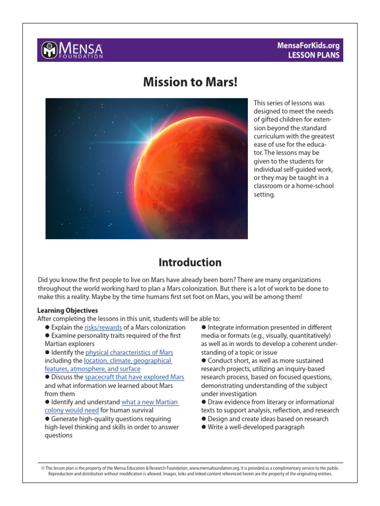 Mission To Mars Lesson Plan | Download Free PDF | Mars | Inquiry Based ...