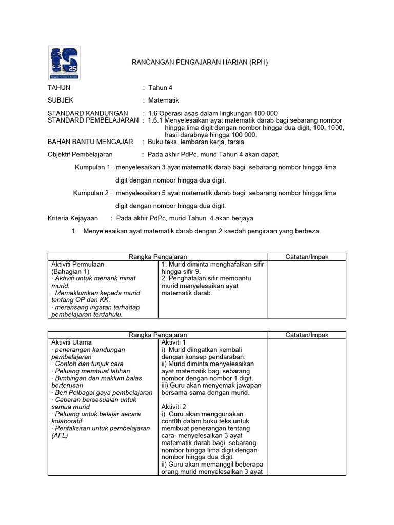 RANCANGAN PENGAJARAN HARIAN TS25 MT4 2023 Kitaran 2 | PDF