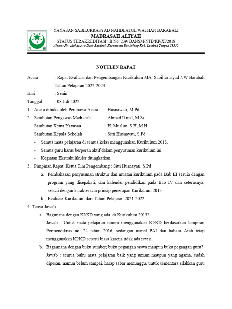 Notulen Rapat Evaluasi dan Pengembangan Kurikulum 2022-2023 | PDF