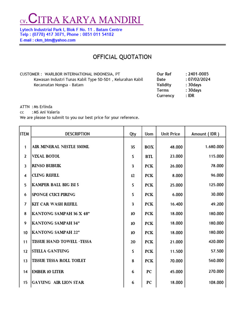 Quotation - Senter & Plat N CV. CKM | PDF