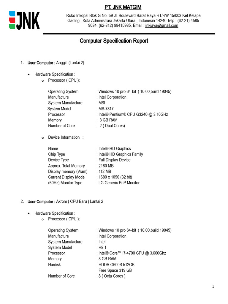 Computer Specification Report | Download Free PDF | Intel | 64 Bit ...