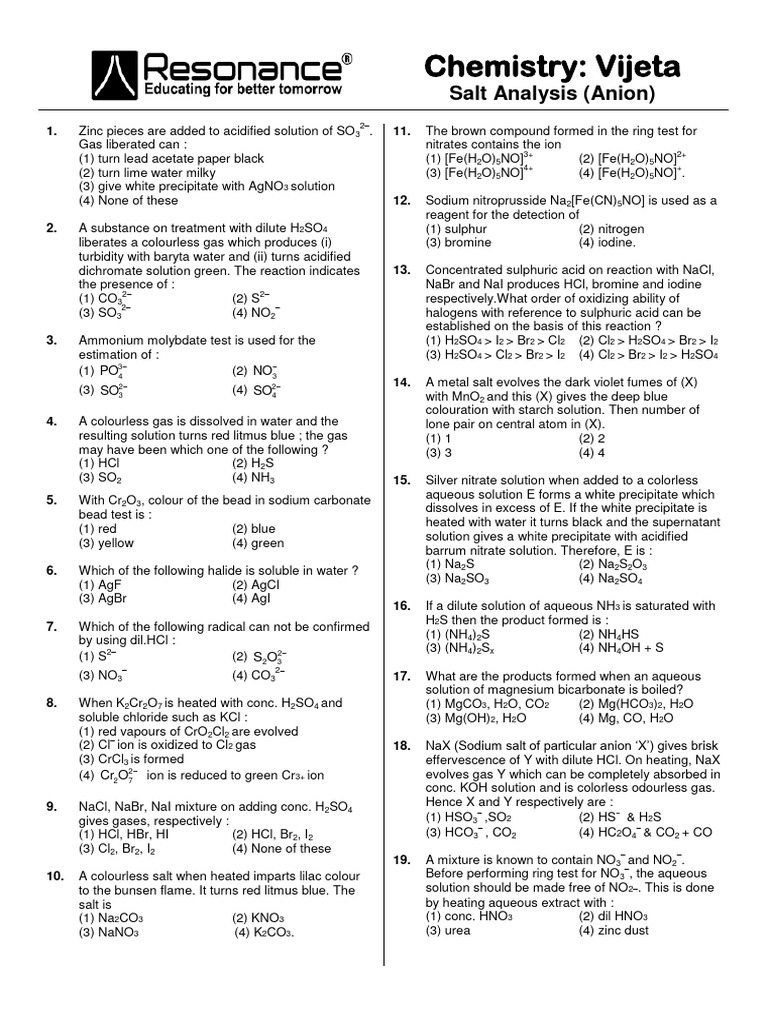 Class Test-49 - Qualitative Analysis (Anion) | PDF | Chlorine | Salt ...