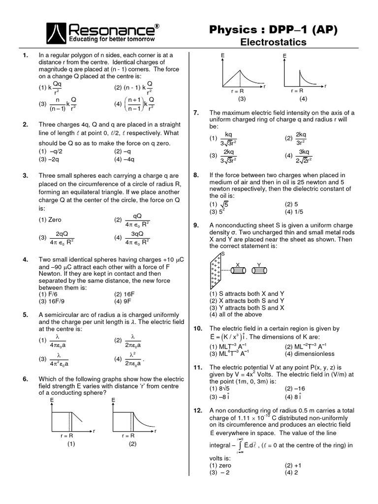 DPP-1 - Electrostatic - 07-05-24 | PDF | Electric Field | Circle