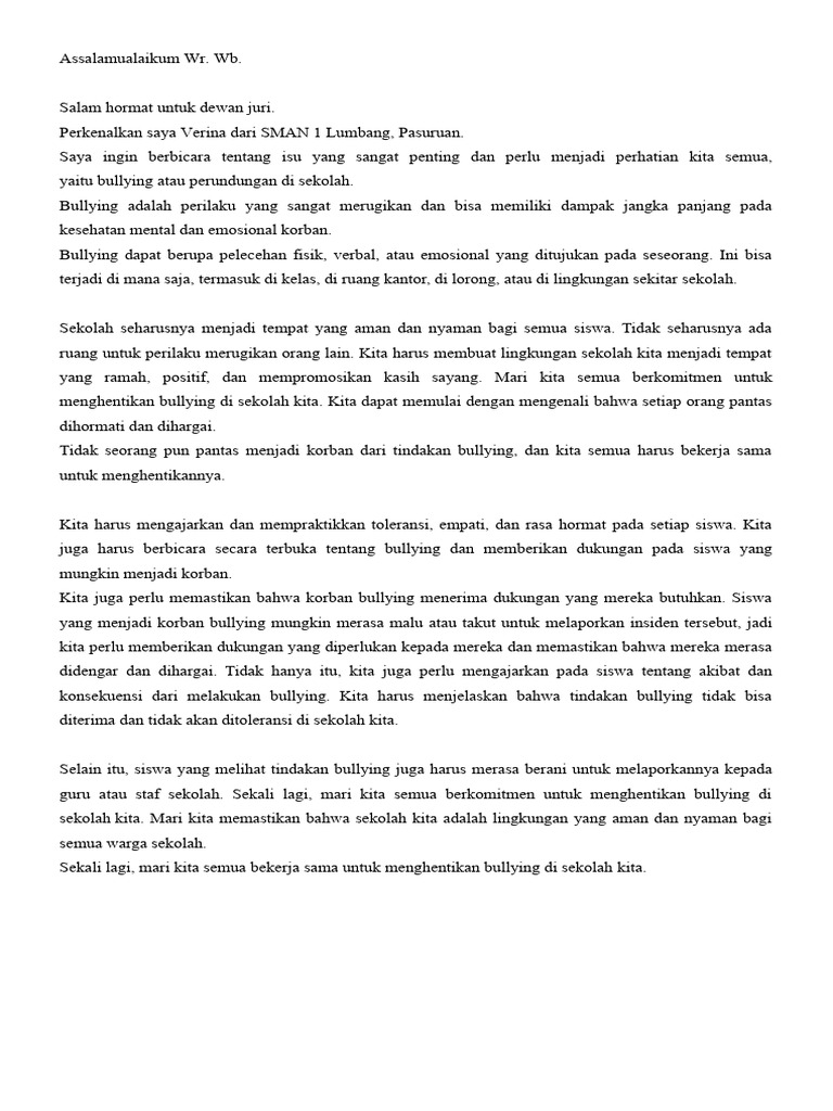 PIDATO TEMA BULLYING DI SEKOLAH. | PDF