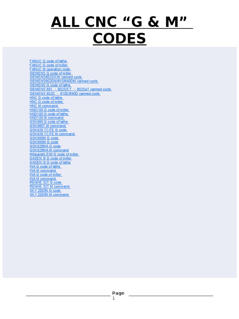 G & M Codes (All CNC) | PDF | Machining | Drilling