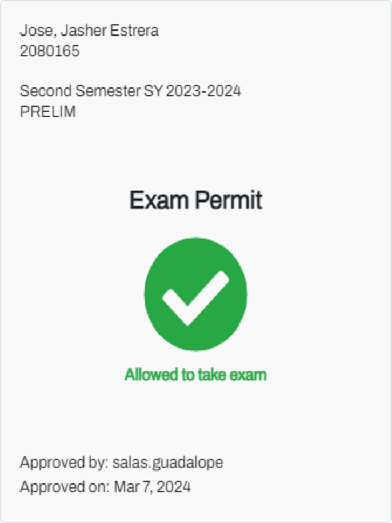 2080165 Second Semester SY 2023 2024 PRELIM Exam Permit | PDF