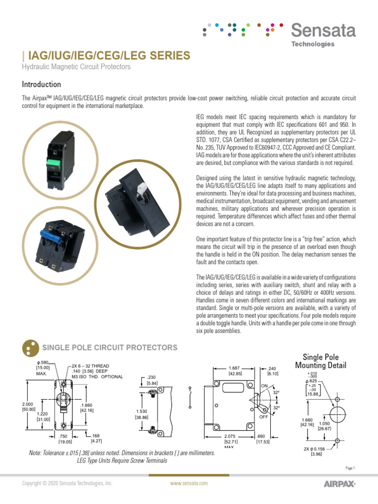 Sensata Iag Series Hydraulic Magnetic Circuit Protectors Datasheet ...