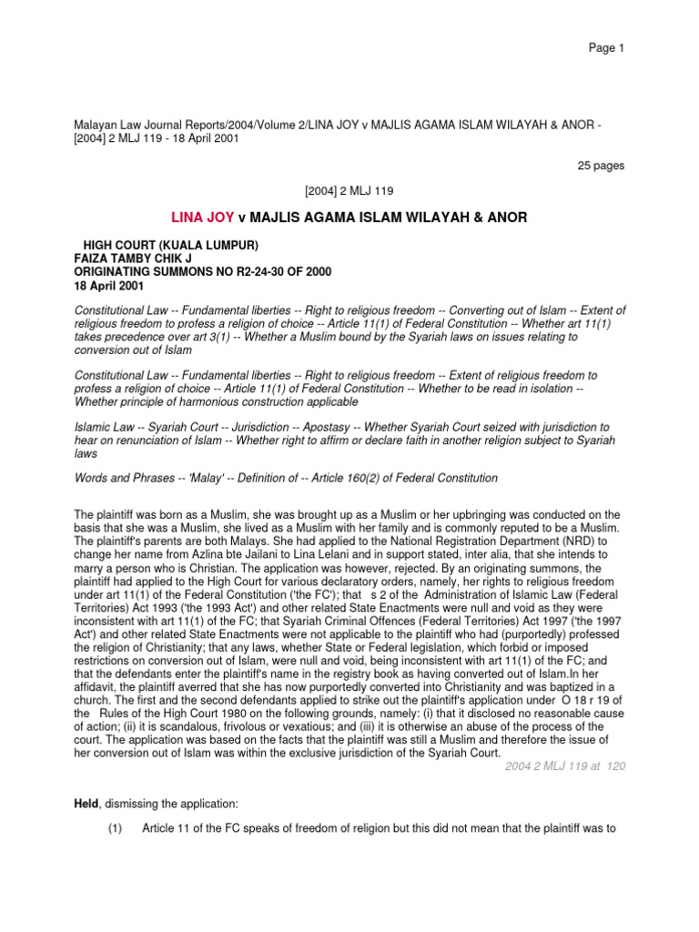 LINA JOY V MAJLIS AGAMA ISLAM WILAYAH ANOR | Download Free PDF | Sharia | Malaysia