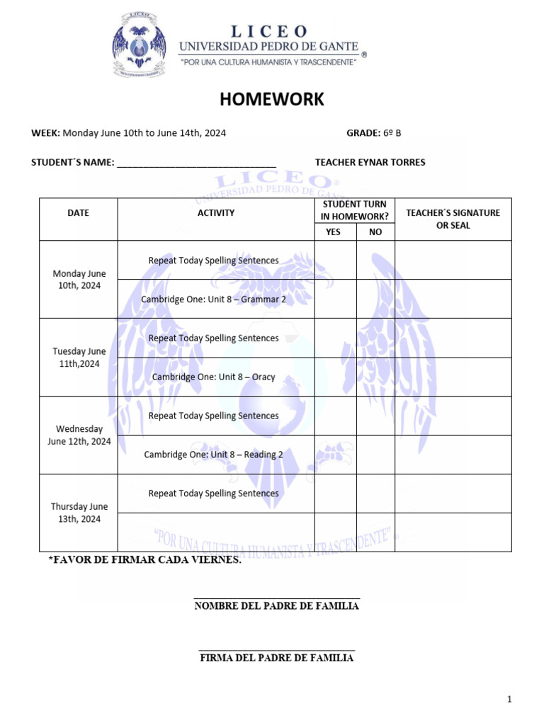 6°b Homework June 3RD To 7TH, 2024 | PDF