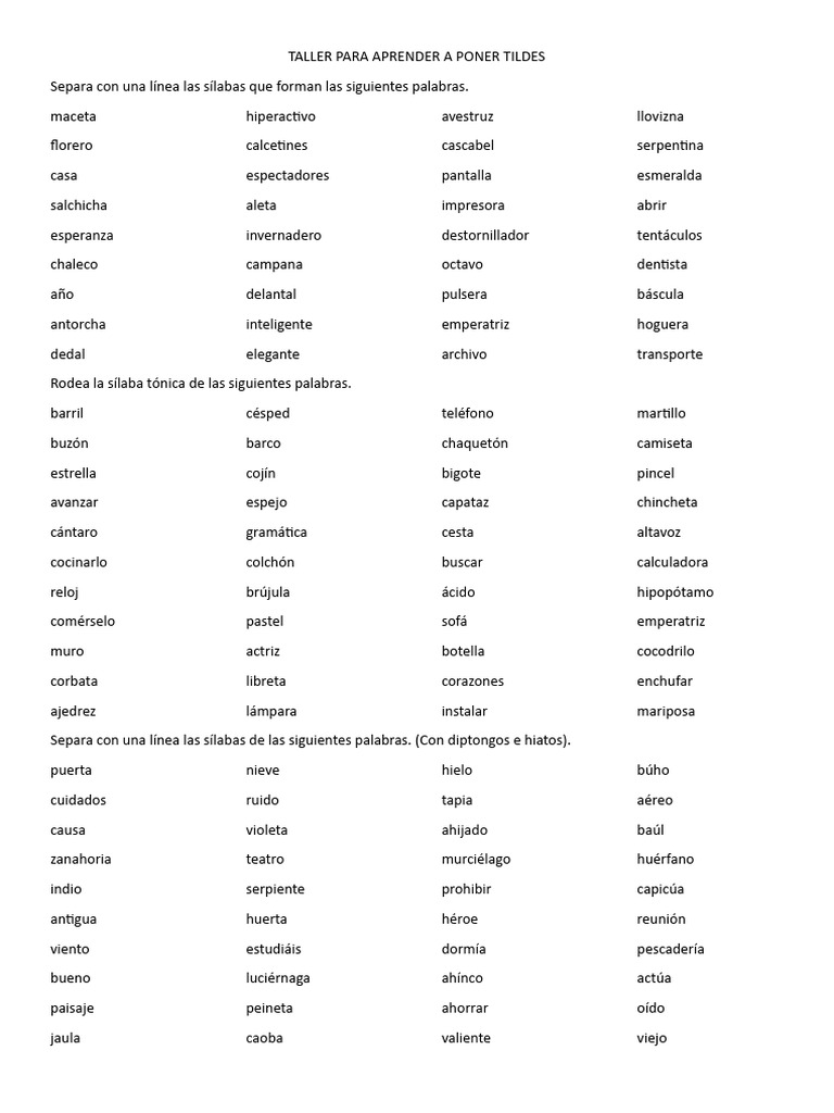 TALLER PARA APRENDER A PONER TILDES | PDF