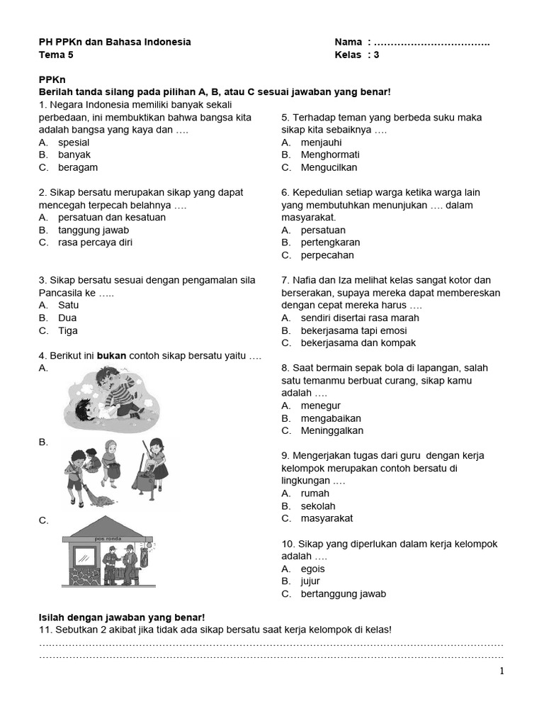 Soal PH PPKN B.Indo Tema 3E | PDF