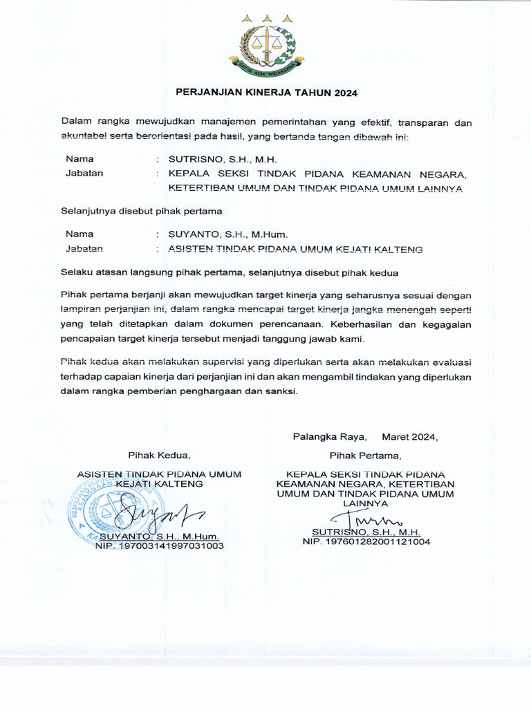 Perjanjian Kinerja Tahun 2024 - Eselon IV Pidum | PDF