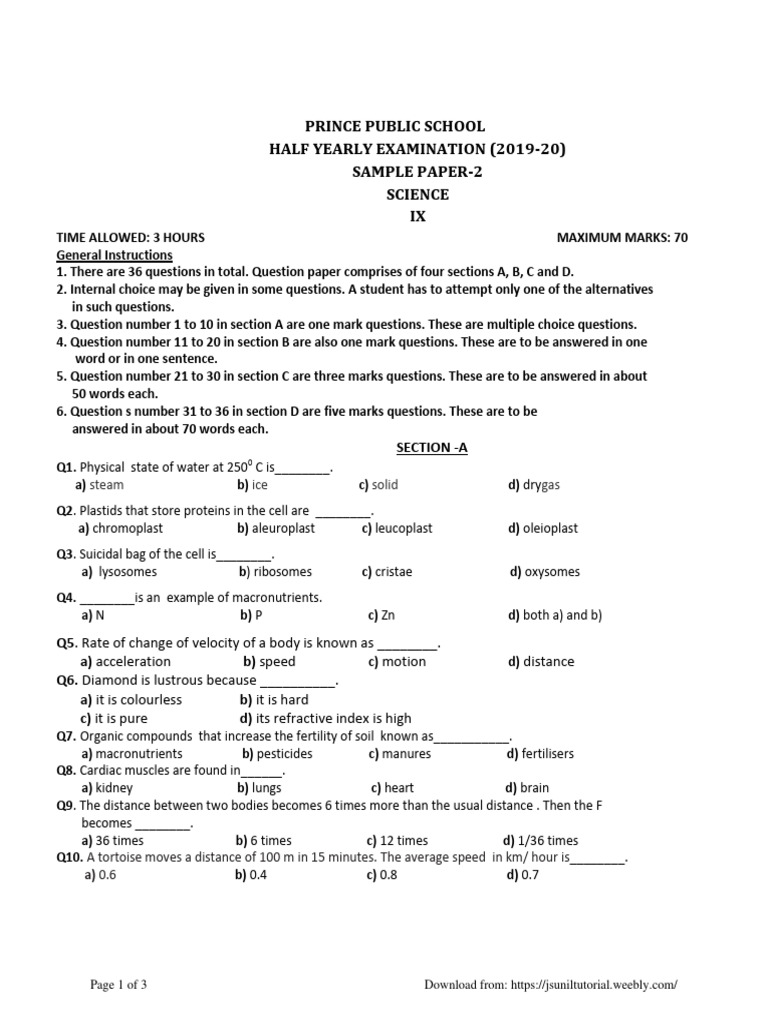 Prince Public School Half Yearly Examination (2019-20) Sample Paper-2 Science IX | PDF | Force ...