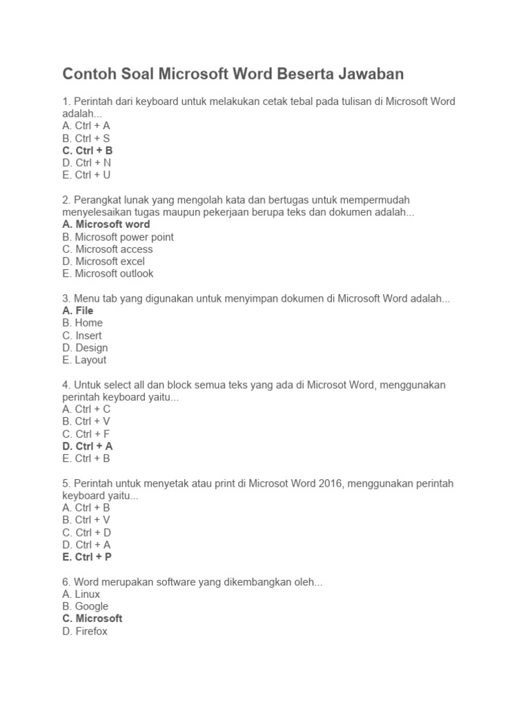 Contoh Soal Microsoft Word Beserta Answer | PDF