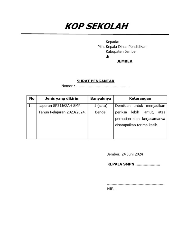 Surat Pengantar SPJ Ijazah 2023-2024.contoh | PDF