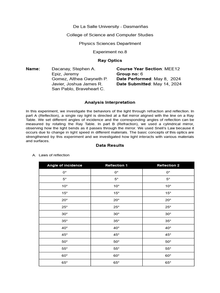 Exp 8 Ray Optics | PDF | Reflection (Physics) | Optics