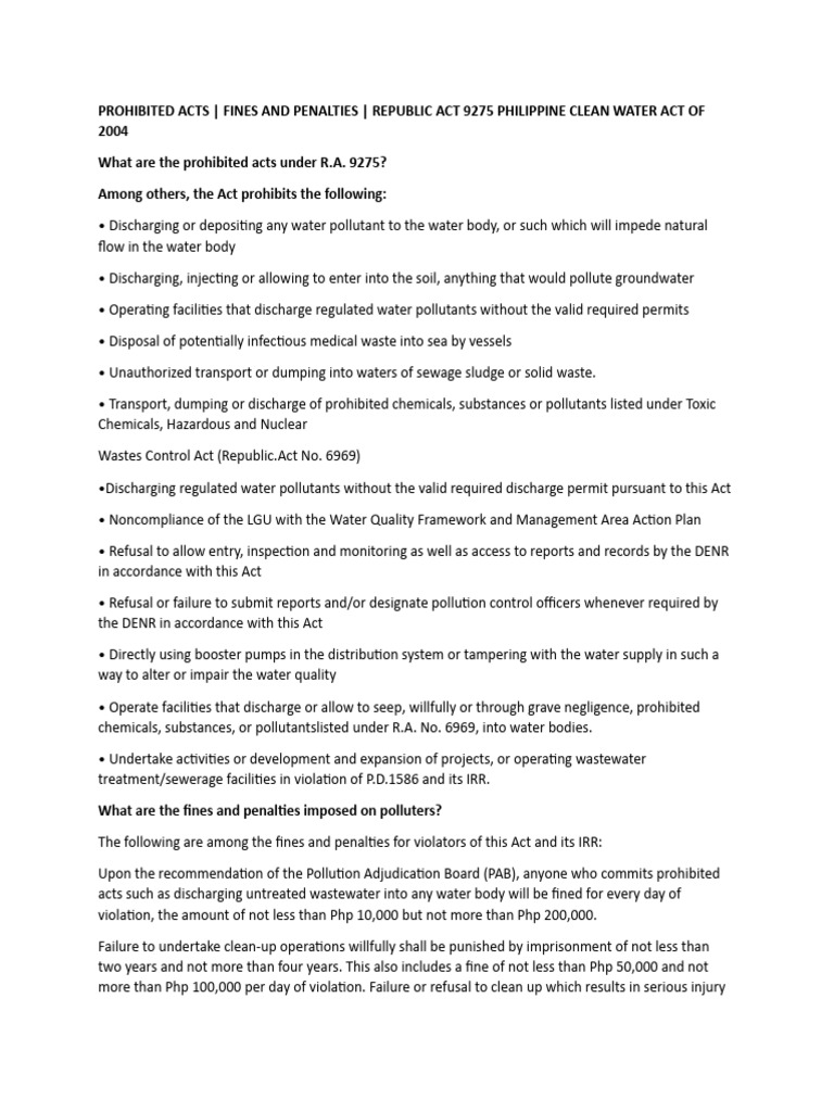 RA 9275 - Prohibited Acts, Fines and Penalties | PDF | Water Pollution ...
