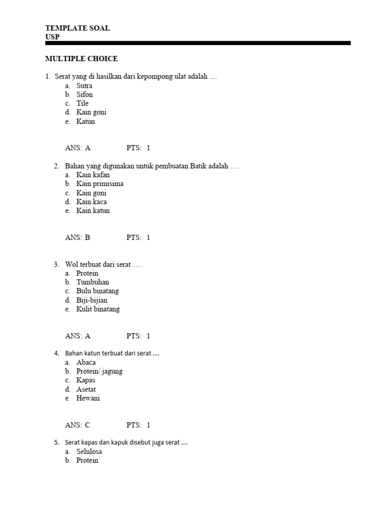 Template Soal Usp - C2 Tata Busana 2022 | PDF