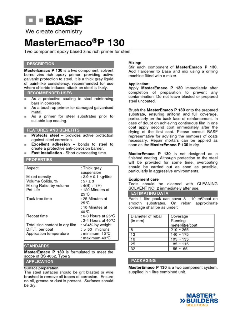 Basf Masteremaco P 130 | PDF | Coating | Corrosion