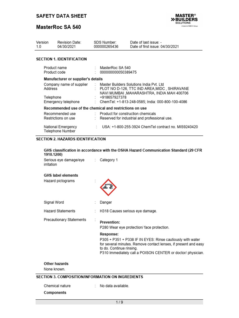 MSDS masterRoc SA 540 | Download Free PDF | Toxicity | Safety