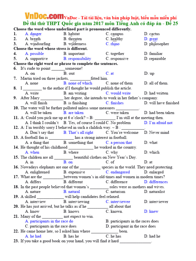 De Thi Thu THPT Quoc Gia Nam 2017 Mon Tieng Anh Co Dap An de 25 | PDF | Forests