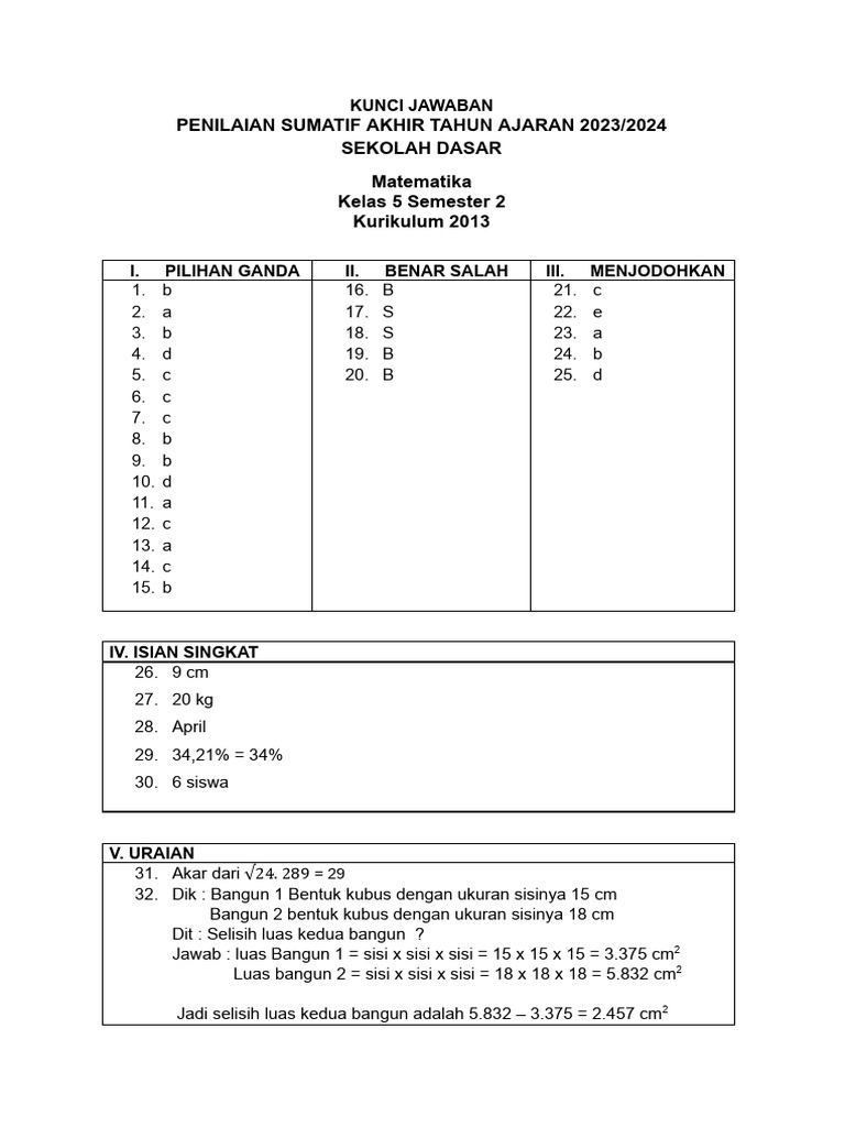 Psat-Kunci Jawaban MTK - Kls 5 - Kur 13 | PDF