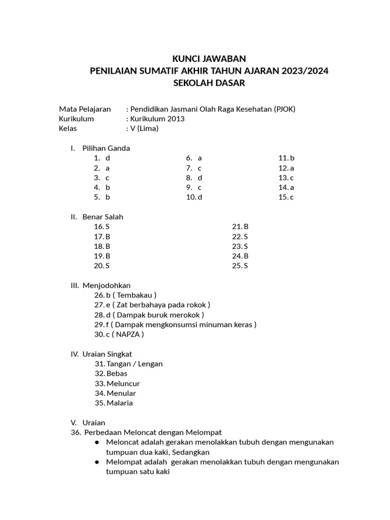 7-Kunci Jawaban PSAT 2024 PJOK Kelas 5-Kur 2013.Docx | PDF