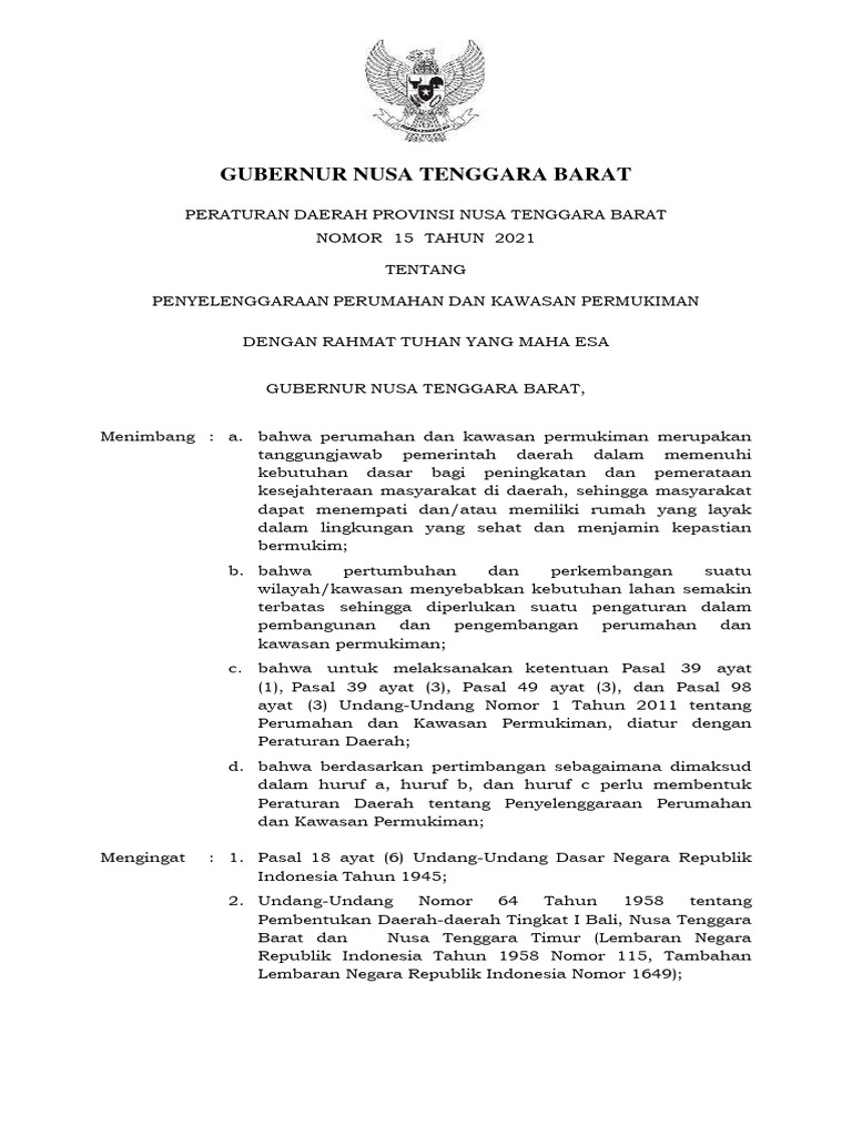 Perda Nomor 15 Tahun 2021 TTG Penyelenggaraan Perumahan Dan Permukiman | PDF