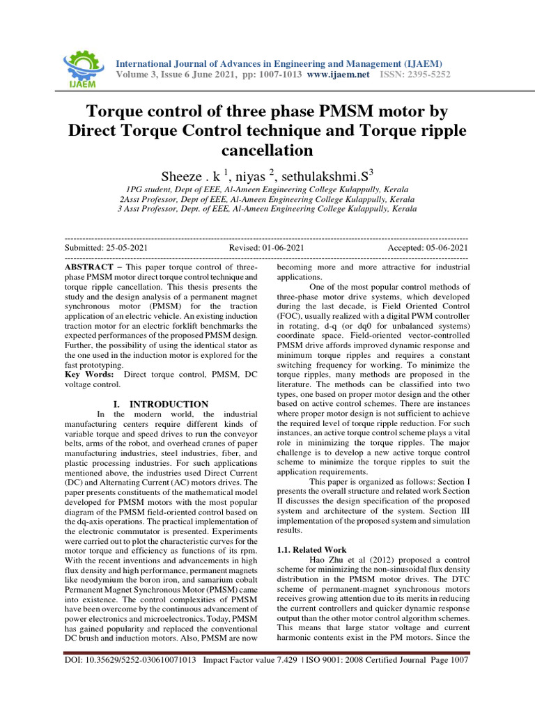 Torque Control Of Three Phase Pmsm Motor By Direct Torque Control Technique And Torque Ripple